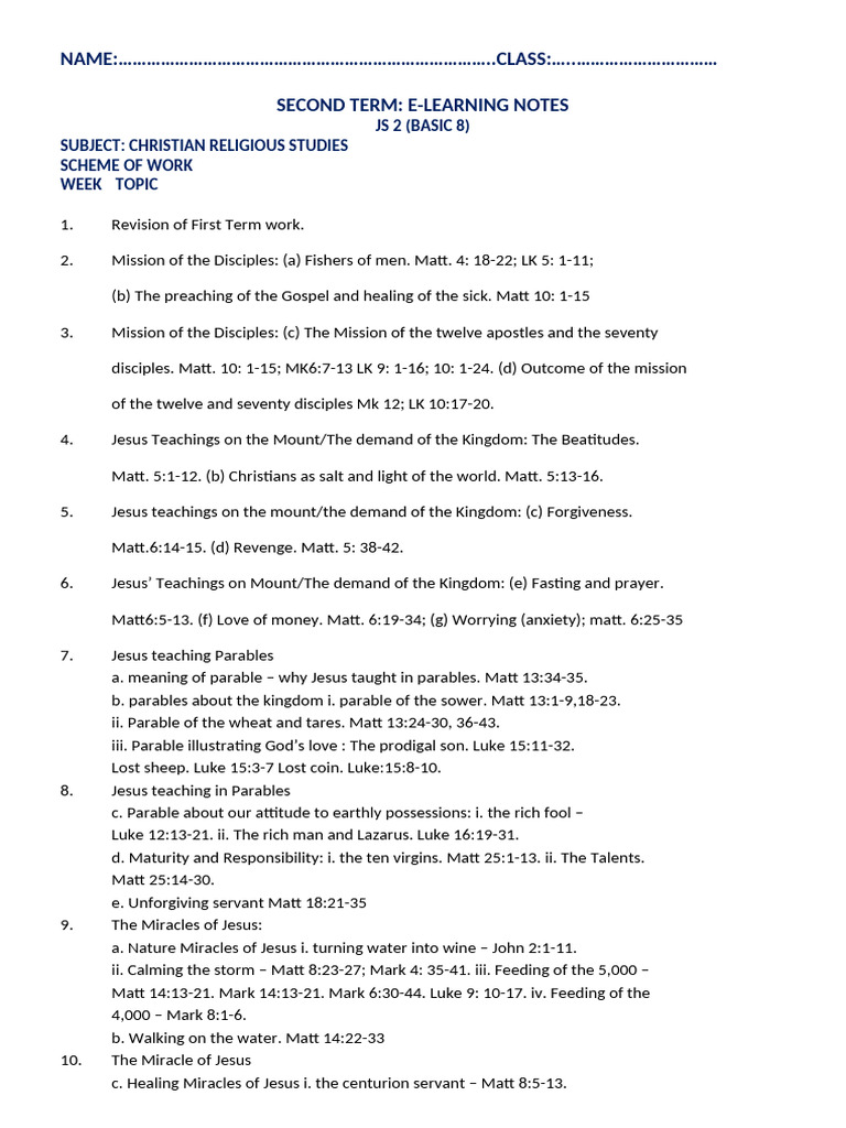 2ND Term JS2 Christian Religion Studies | PDF | Jesus | Parables Of Jesus