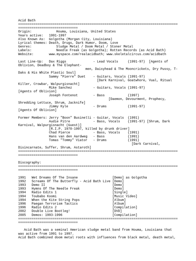 Acid Bath - History & Discography [ENG] | PDF | Musical Groups | Rock Music