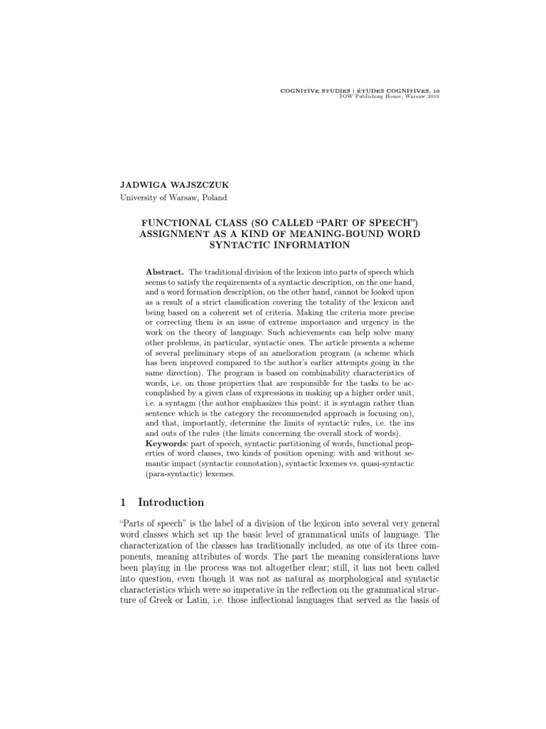 Functional Class So Called Part of Speech Assignment as a 3929ea86r4 | PDF | Word | Semantics