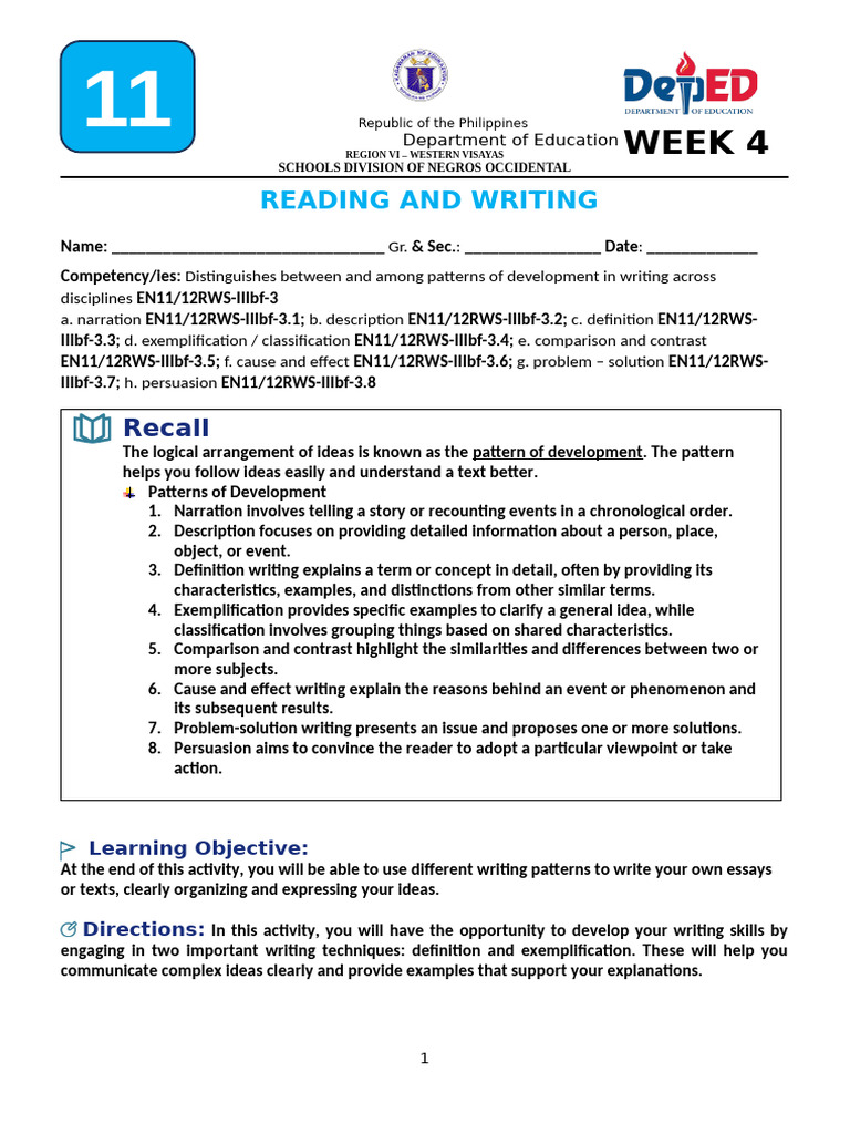 Writing Patterns: Definition & Exemplification | PDF | Essays | Cognition