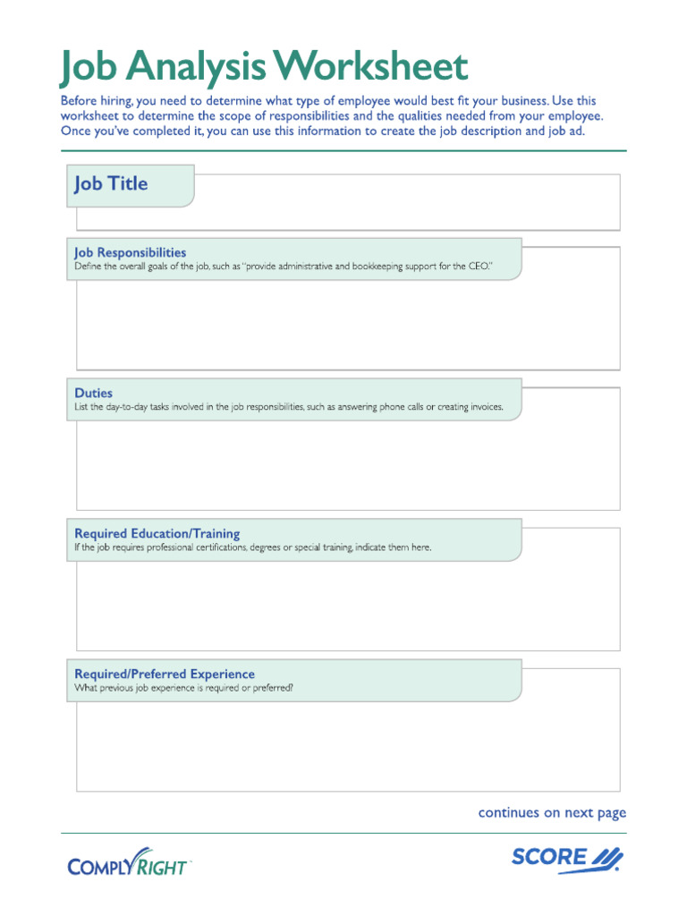 SCORE ComplyRight Job Analysis Worksheet | PDF