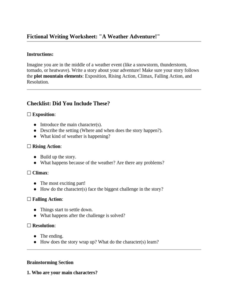 Fictional Writing Worksheet - A Weather Adventure | PDF