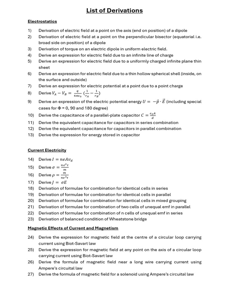 G12 List of Derivations-1 | PDF | Inductance | Electromagnetism