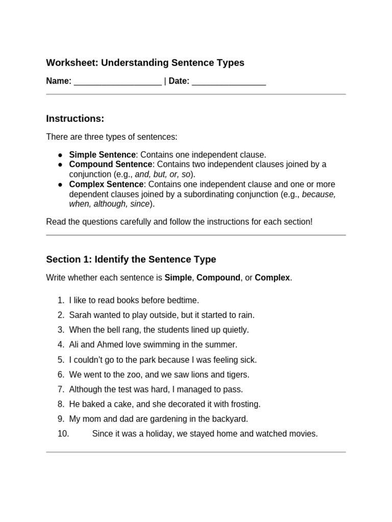 Worksheet_ Understanding Sentence Types | PDF | Syntax | Grammar