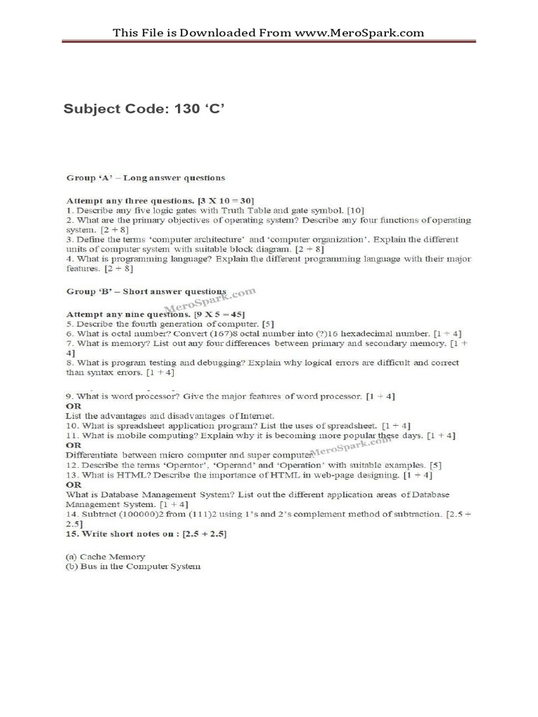 Computer Science Grade XI Question Paper 2072_merospark_com | PDF