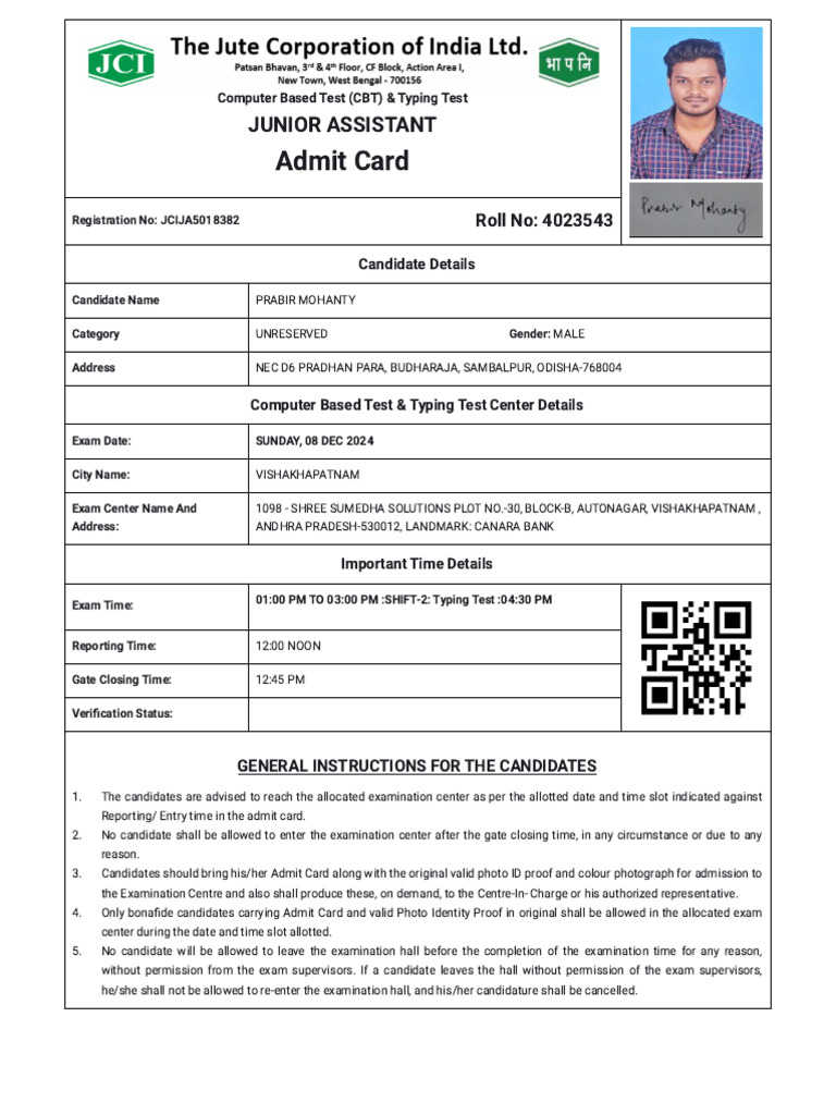 Admit Card _ The Jute Corporation Of India Limited (JCI) | PDF