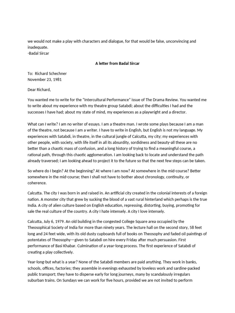 A Letter From Badal Sircar (English) | PDF