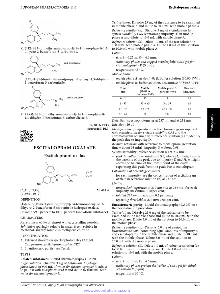 Escitalopram EP Monograph | PDF | Chromatography | Solubility