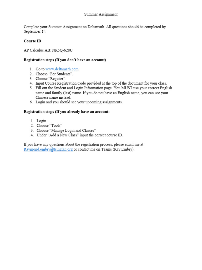 AP Calculus AB 2024 Summer HW Instructions | PDF