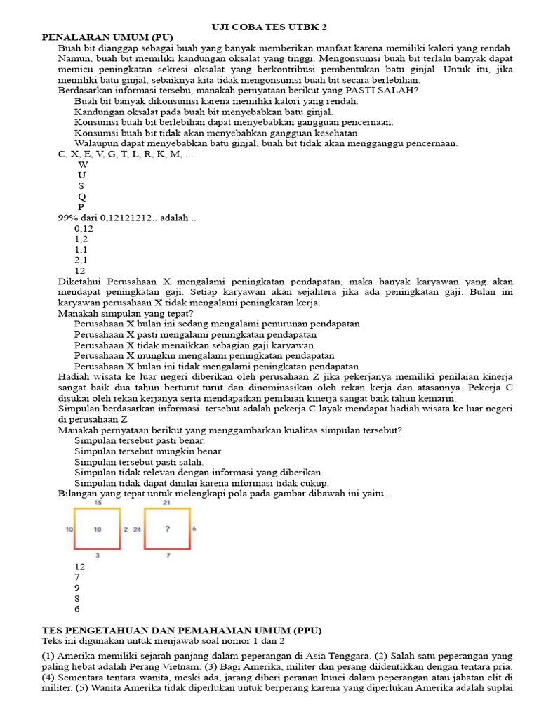 Uji Coba Tes UTBK 2: Penalaran dan Pemahaman | PDF