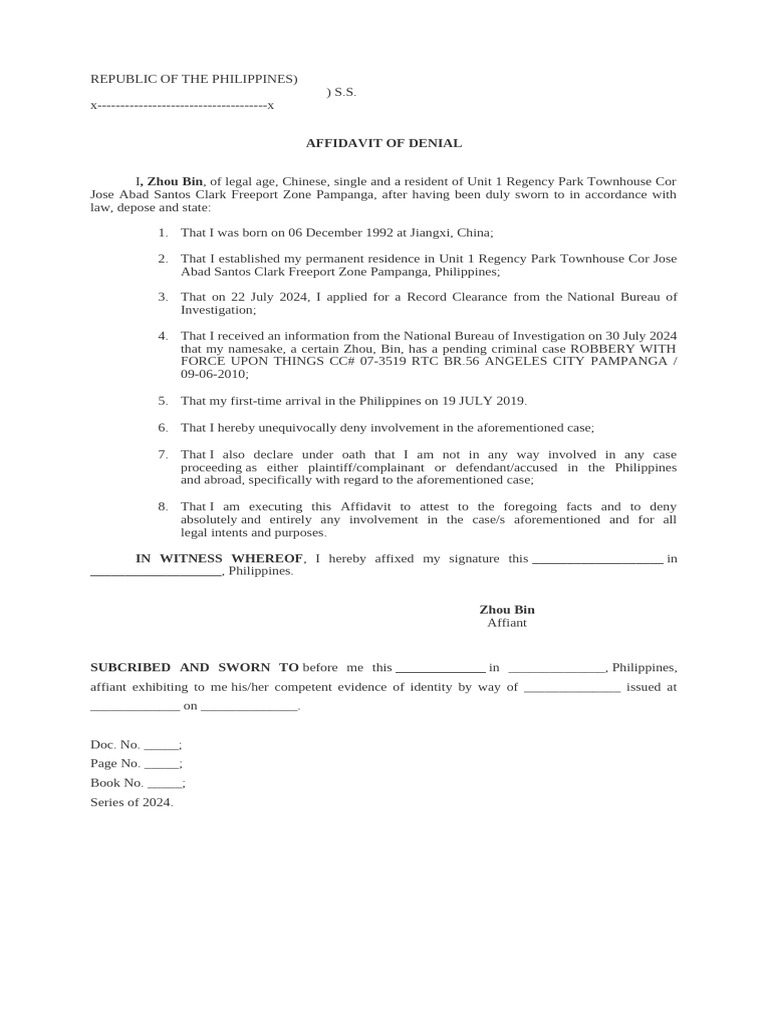 Aff of Denial Zhou Bin | PDF