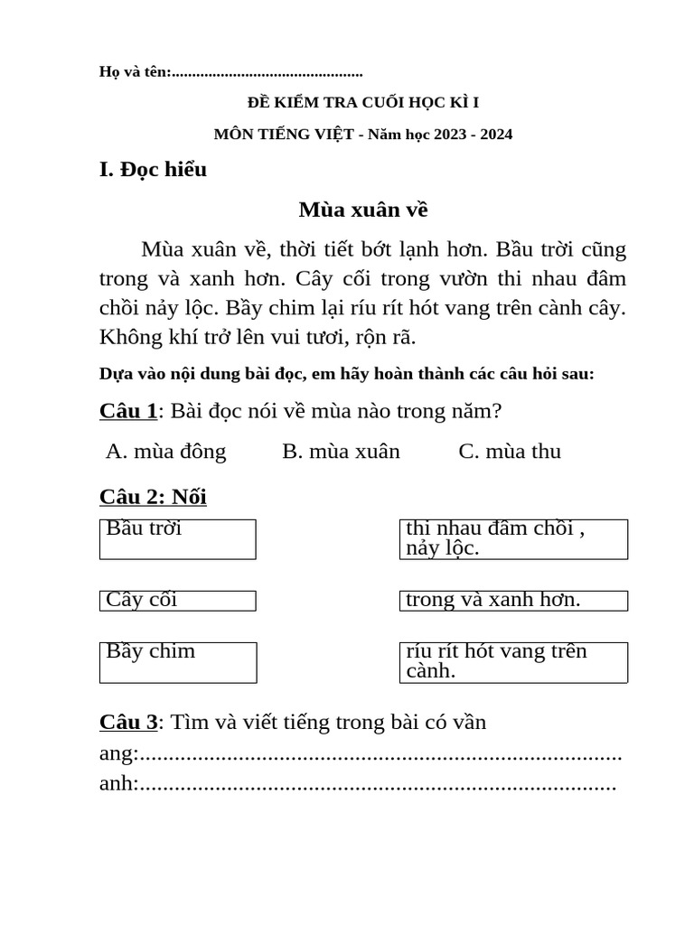 De On Tap Cuoi Ki 1 Lop 1 | PDF