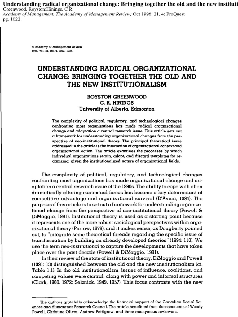 Understanding Radical Organisational Change Bringing Together The Old ...