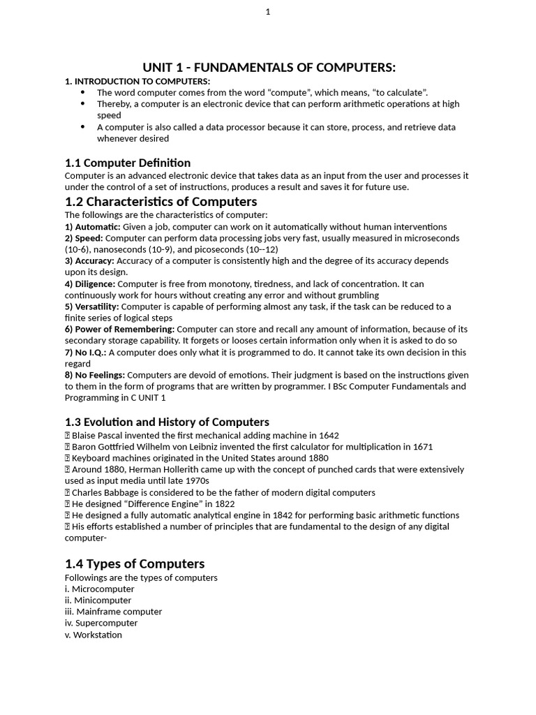 Unit 1 - Fundamentals of Computers:: 1.1 Computer Definition | PDF | Algorithms | Microcomputers