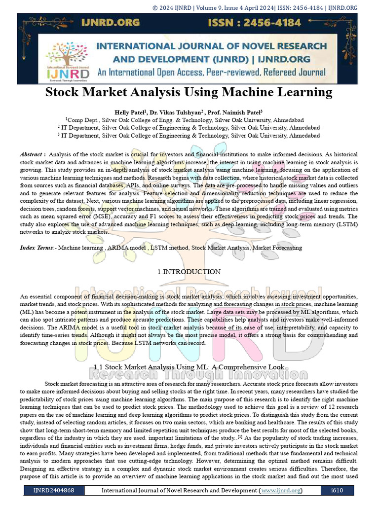 Stock Market Analysis using Machine Learning | PDF | Autoregressive Integrated Moving Average ...