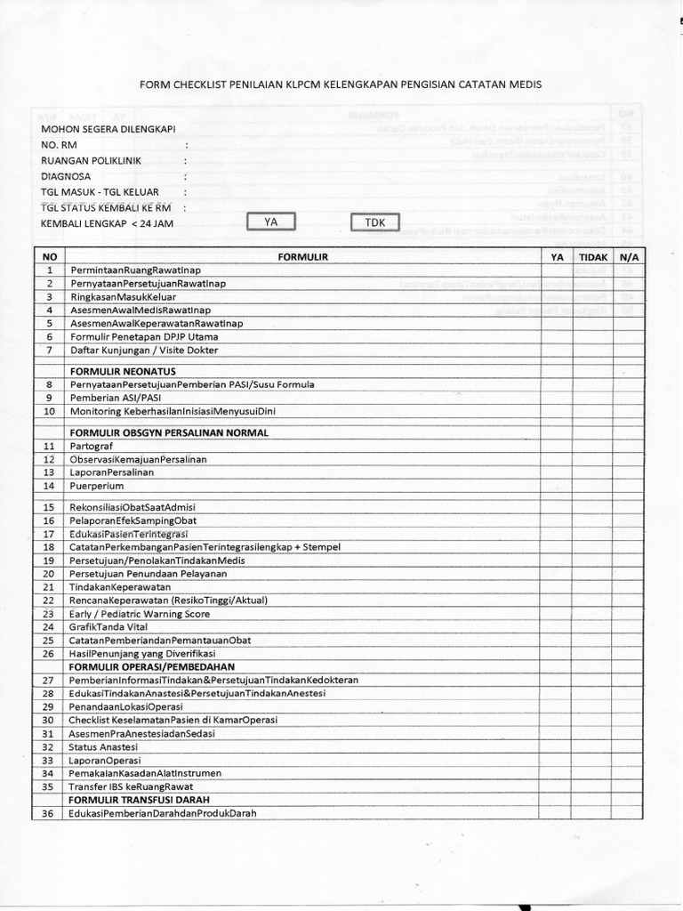 Ceklist Petugas RM | PDF