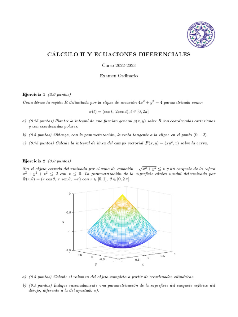 Examen Calculo II Ordinario 2022-2023 Sol | PDF | Esfera | Ecuaciones