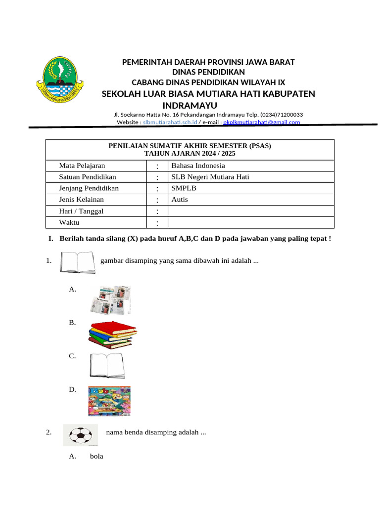 SOAL PSAJ TULIS SDLB C BAHASA INDONESIA 2023 | PDF
