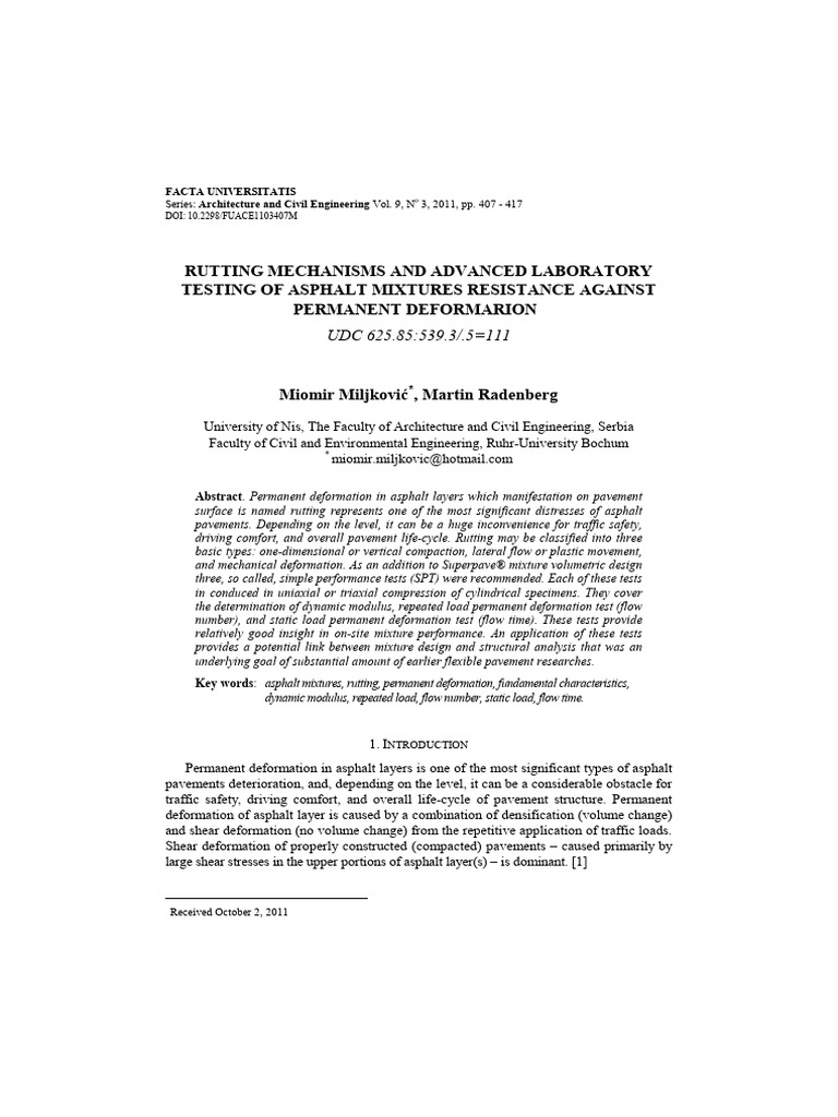 Rutting Mechanisms and Advanced Laboratory Testing Againest Permenant ...