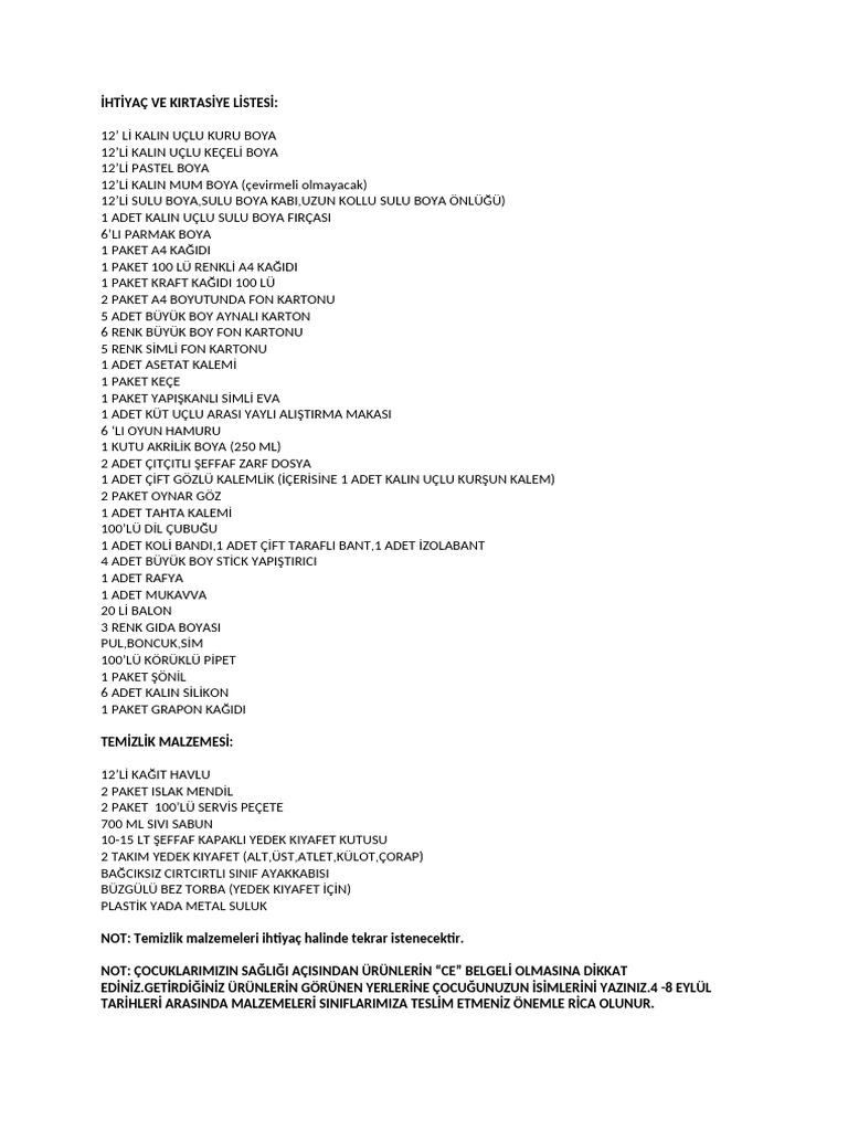 2023 2024 Egitim Ogretim Yili Ihtiyac Listesi | PDF