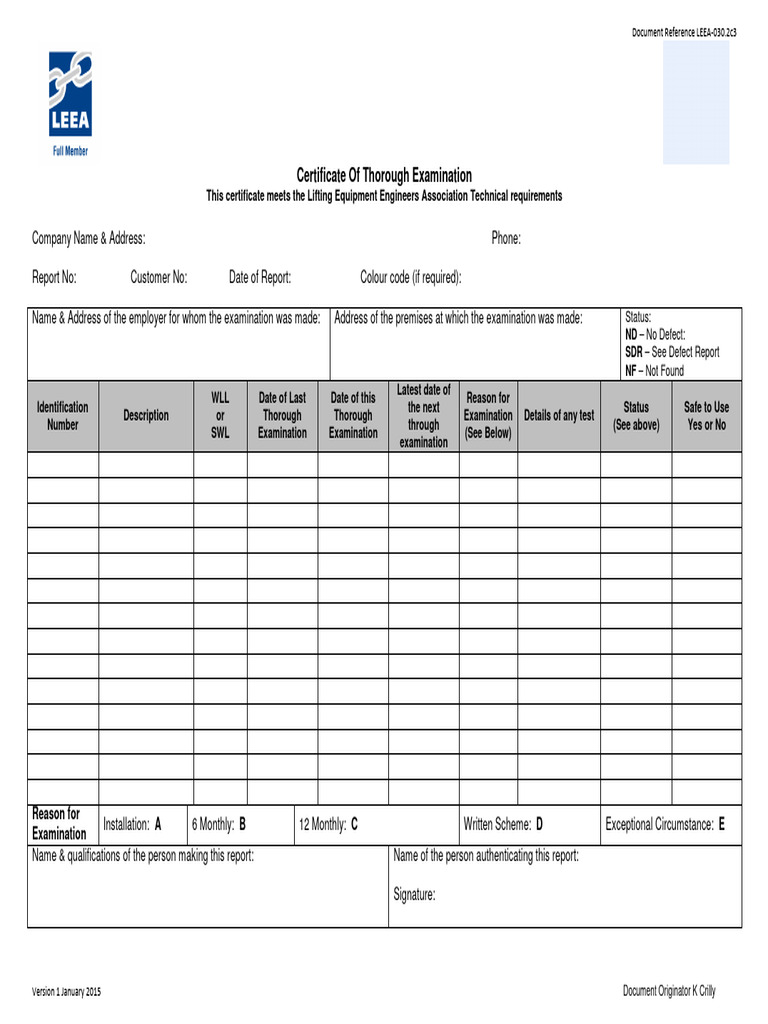 LEEA-030.2c3 Certificate of Thorough Examination (multiple items ...