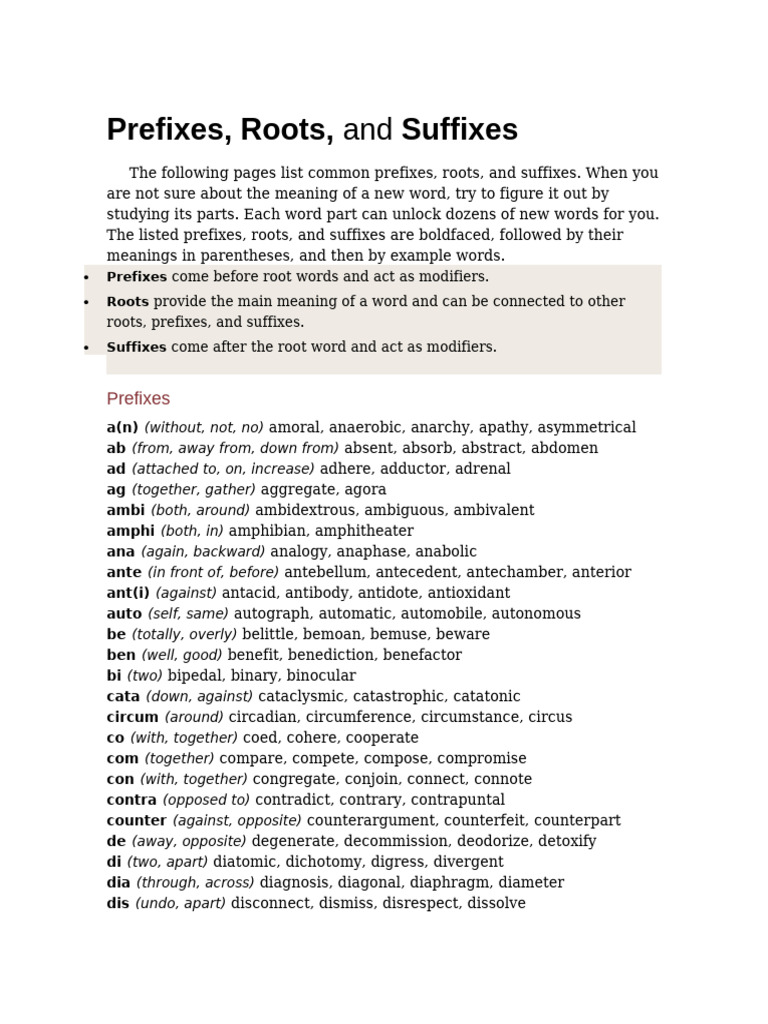 Prefixes and Roots Reference Guide | PDF