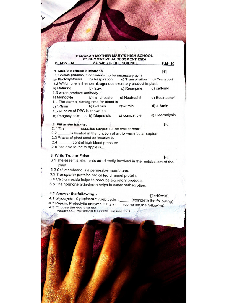 Wbbse Class Ix Life Science 2ND Summative Question Paper 40 Marks | PDF