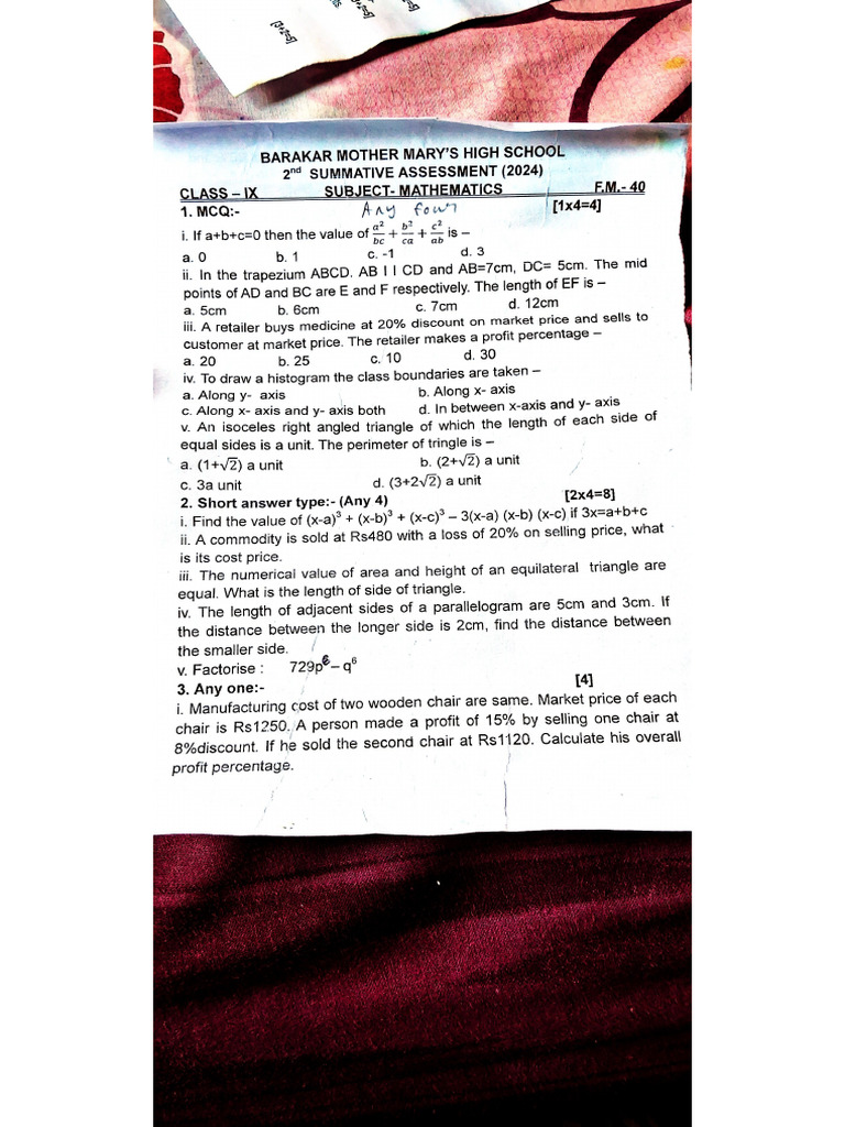 Wbbse Class Ix Mathematics Question Paper 40 Marks | PDF