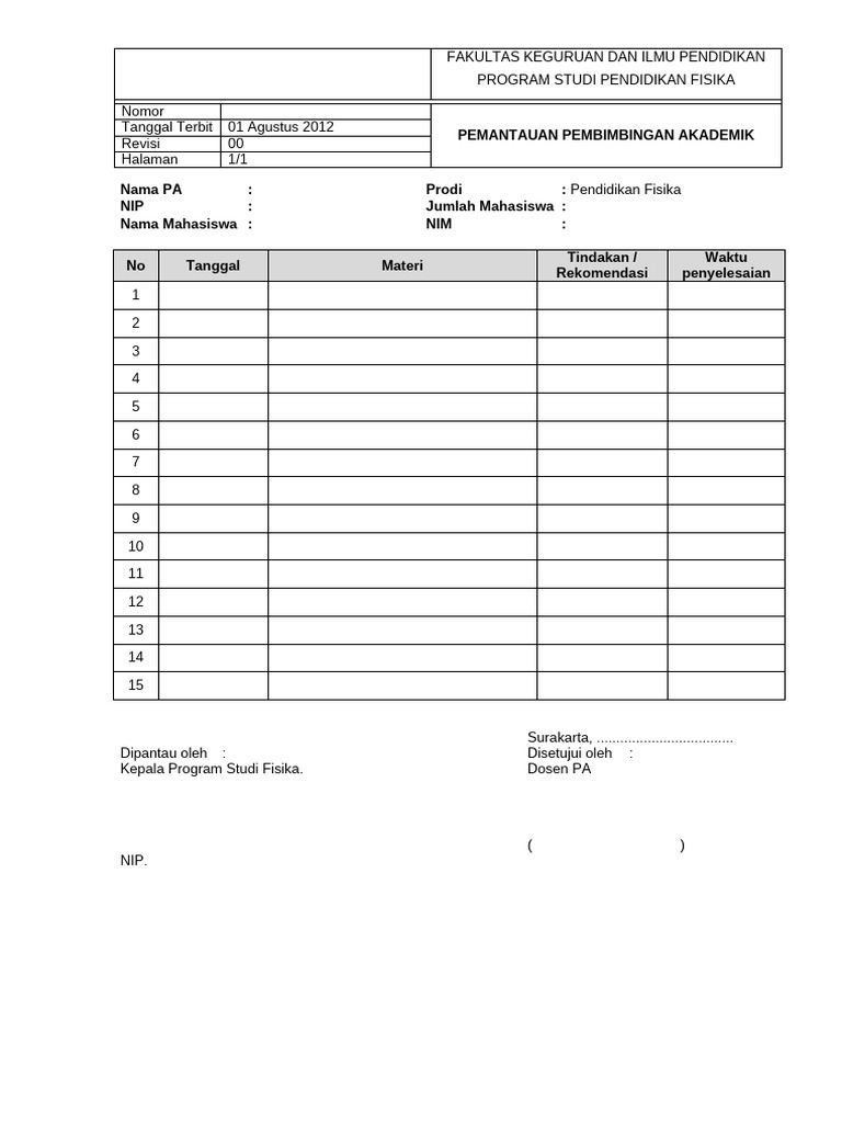 Form Pemantauan Pembimbingan Akademik | PDF