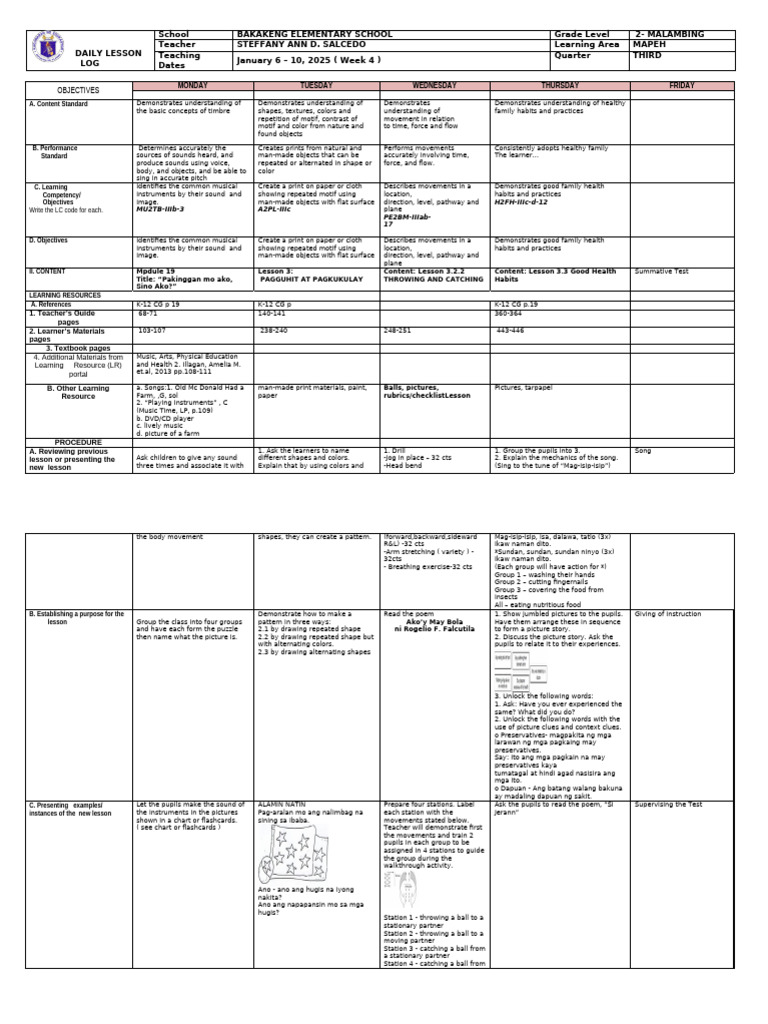 MAPEH 2 Grade 2 DLL q3 Week 4 | PDF | Differentiated Instruction | Sound