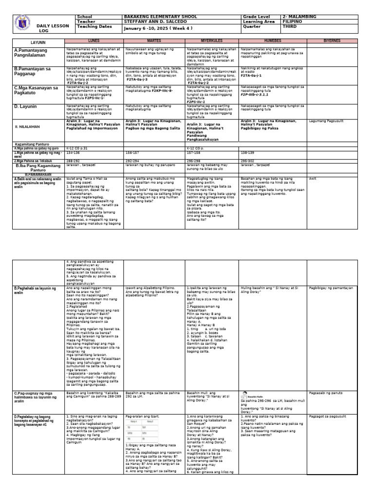 Filipino 2 Grade 2 DLL q3 Week 4 | PDF