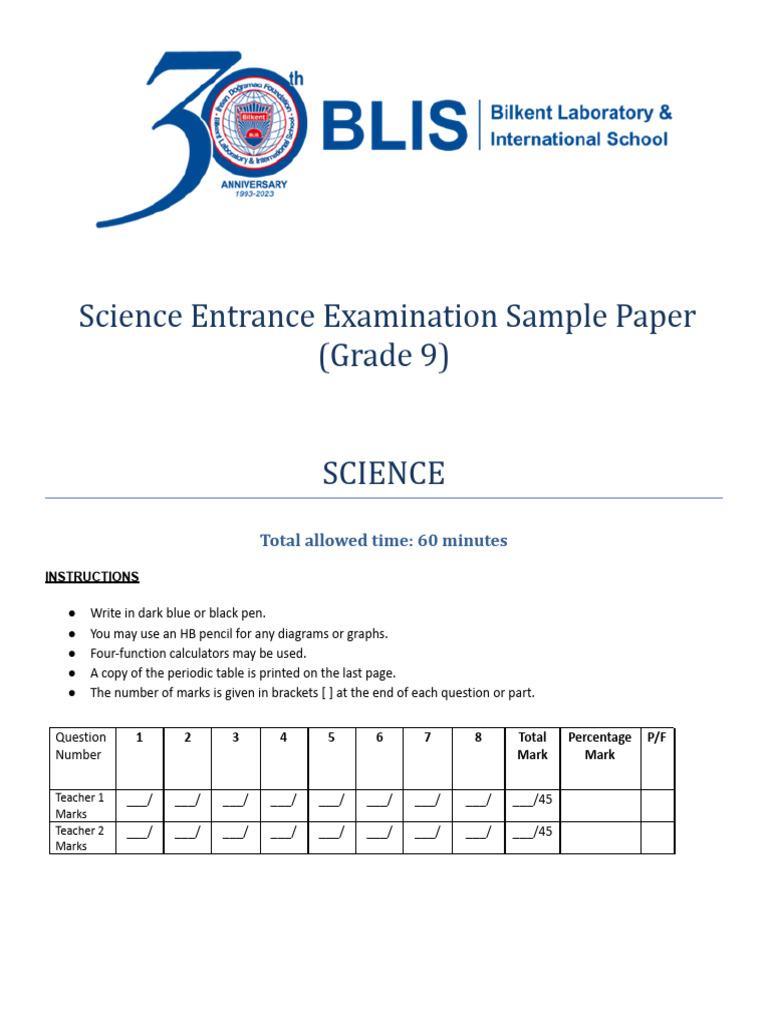 Grade 9 Science Entrance Sample Exam Paper (Based On Objectives Revised ...