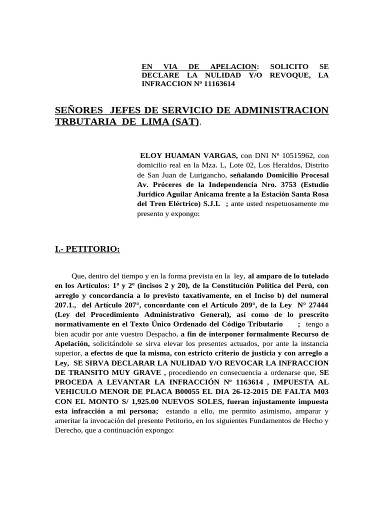APELACION SAT - ELOY HUAMAN Oc | PDF | Licencia de conducir | Justicia