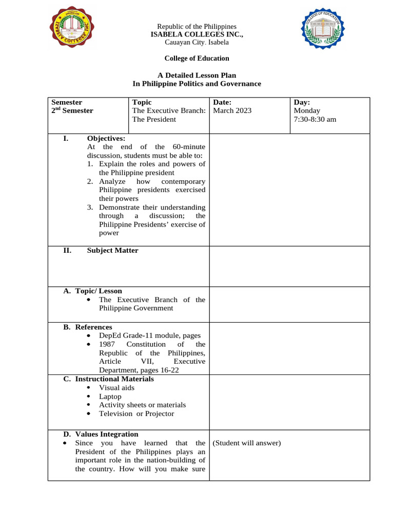 Edited Detailed Lesson Plan PPG | PDF | President Of The Philippines | World Politics
