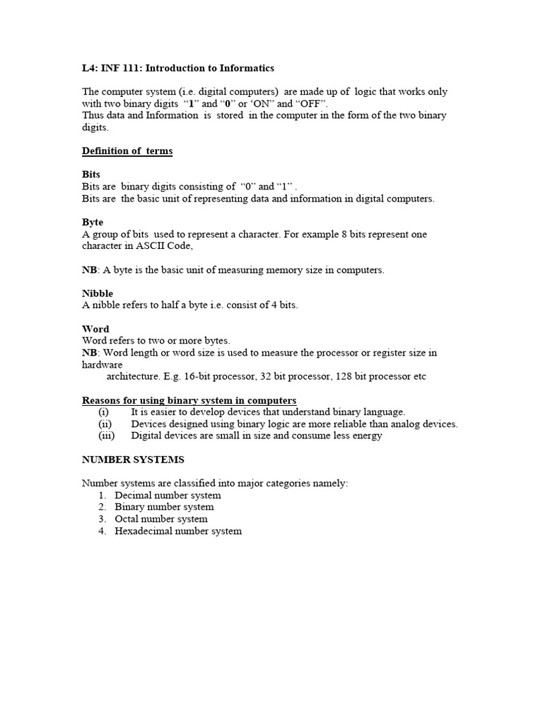 L5 - INF 111 Intro To Informatics | PDF | Binary Coded Decimal | Decimal