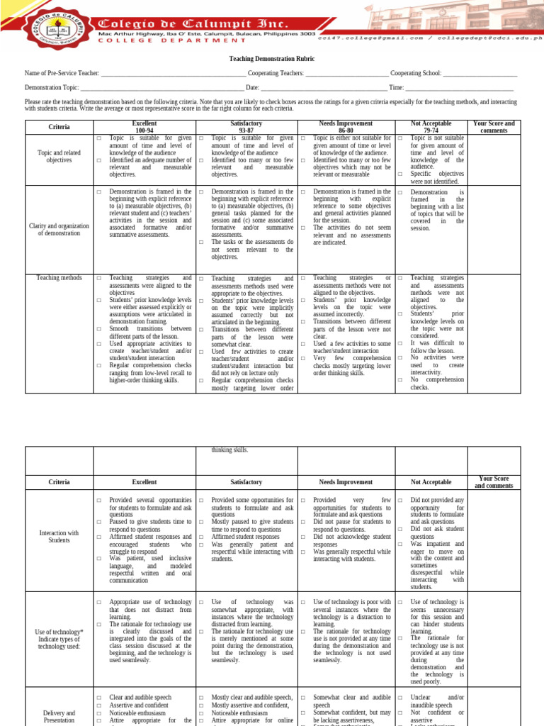 Online-Demo-Teaching-Rubrics | PDF | Rubric (Academic) | Teachers