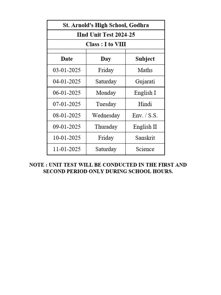 2nd Unit Test Time-Table 2024-25 | PDF
