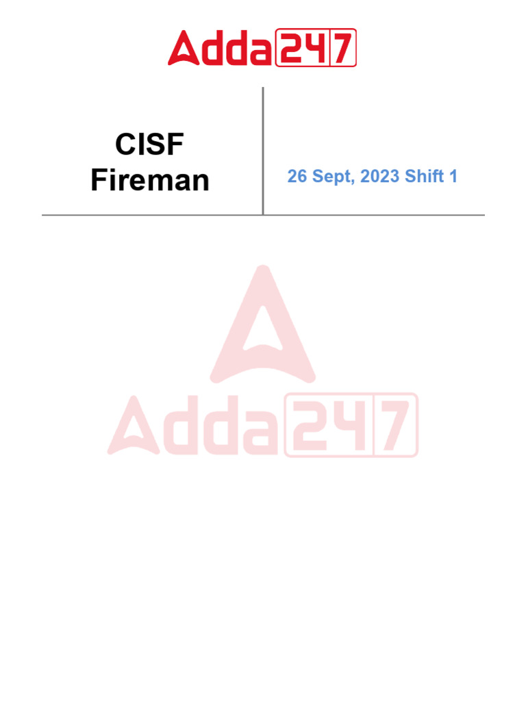 CISF Constable Fireman Official Paper Held On 26 Sept 2023 Shift 1 2 ...
