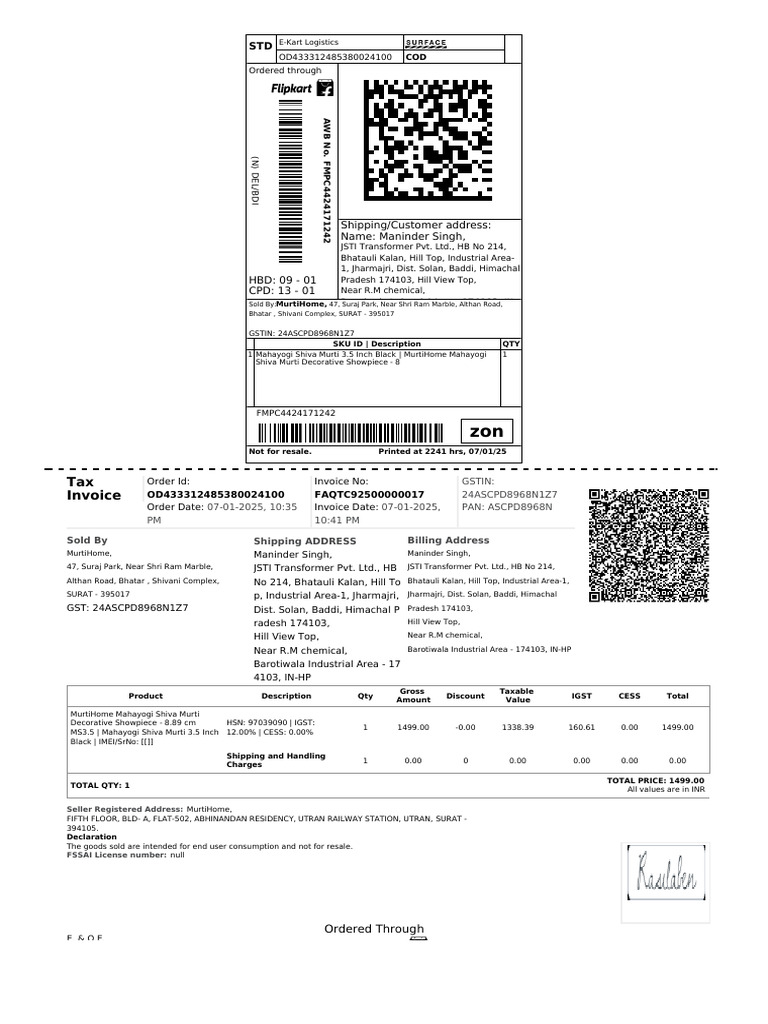 Invoice for Shiva Murti Purchase | PDF | Taxes | Government Finances