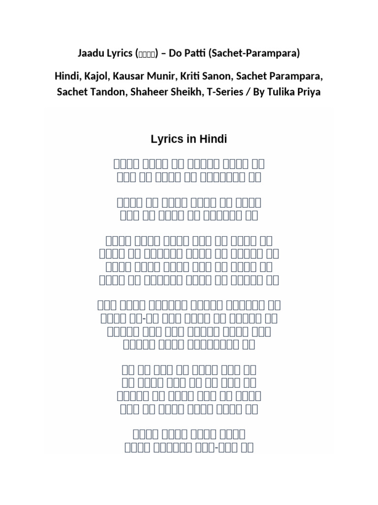 Jaadu Lyrics (जादू) - Do Patti (Sachet-Parampara) | PDF