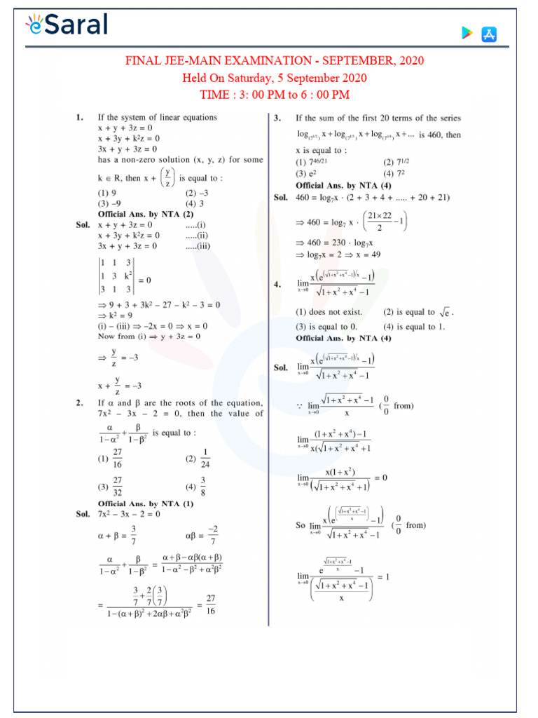 JEE Main Exam Solutions September 2020 | PDF