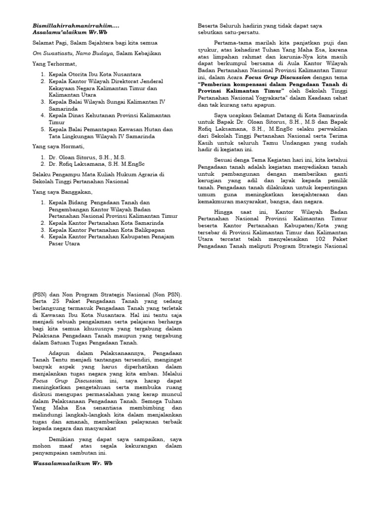 (DRAFT) Sambutan Focus Grup DIscussion Pemberian Kompensasi Dalam Pengadaan Tanah Di Provinsi ...