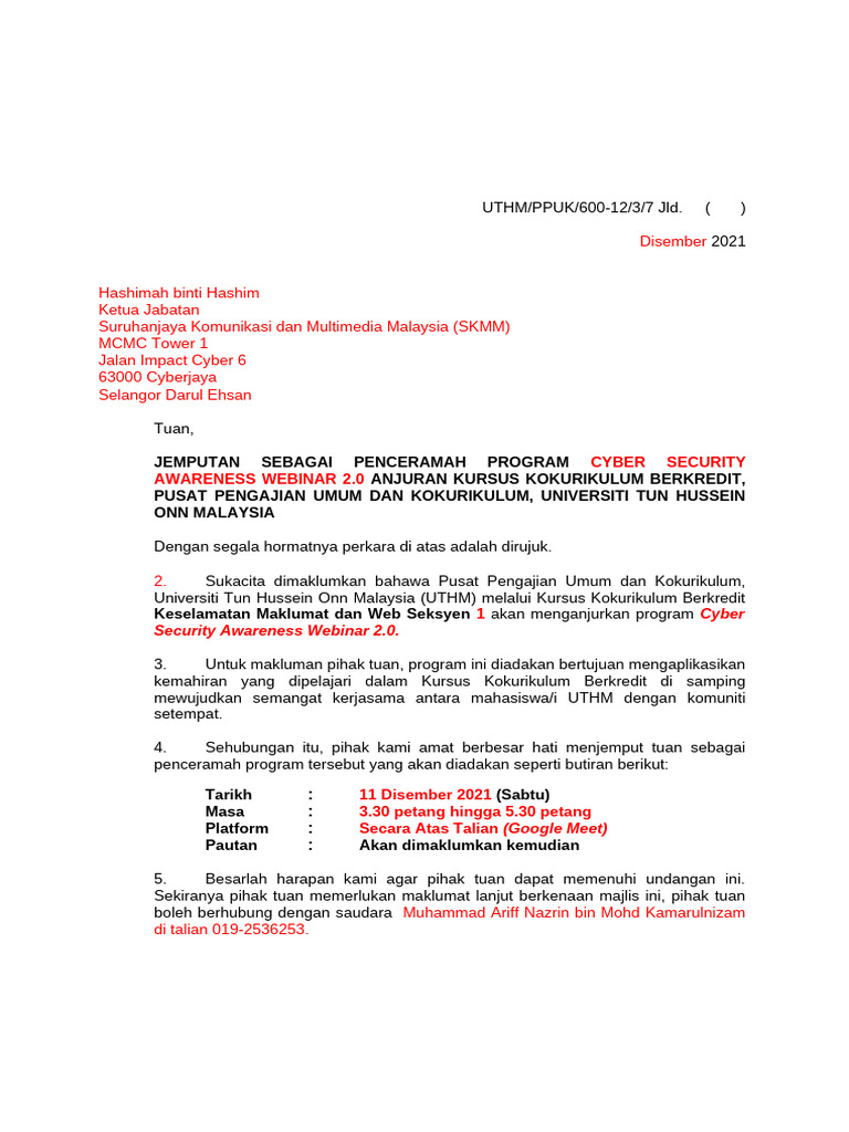 SURAT JEMPUTAN PENCERAMAH (1) | PDF