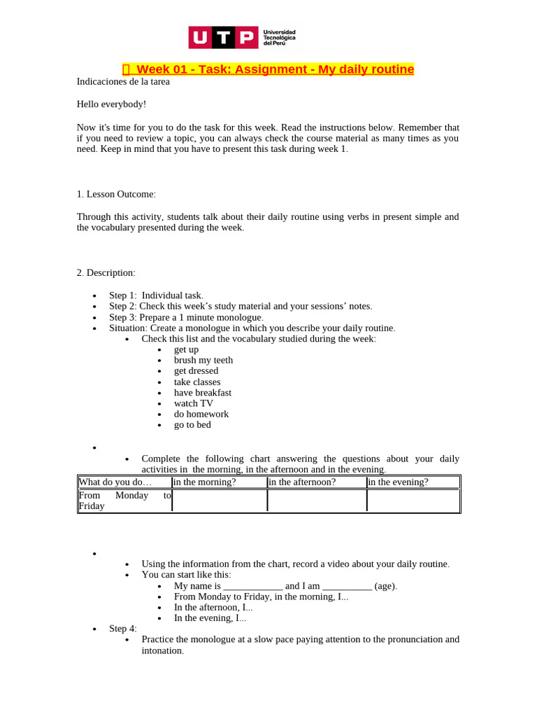? Week 01 - Task Assignment - My Daily Routine | PDF | Linguistics | Grammar