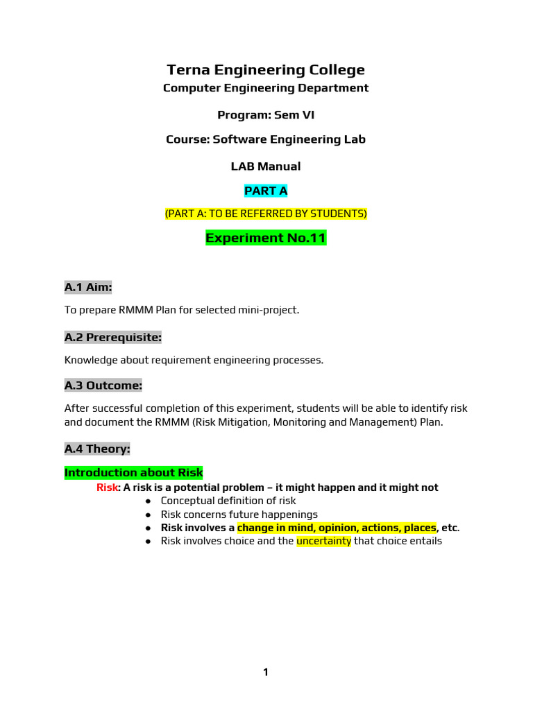 Amey B-50 Software Engineering Lab Experiment-11 | PDF | Risk | Risk Management