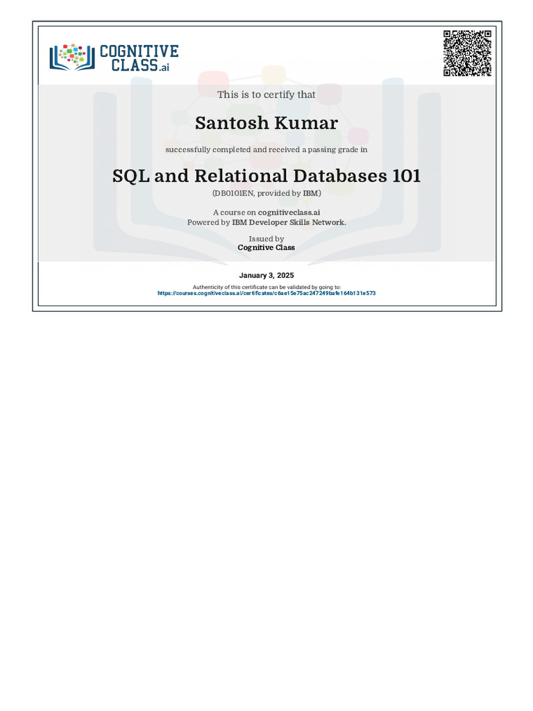 IBM DB0101EN Certificate - Cognitive Class | PDF