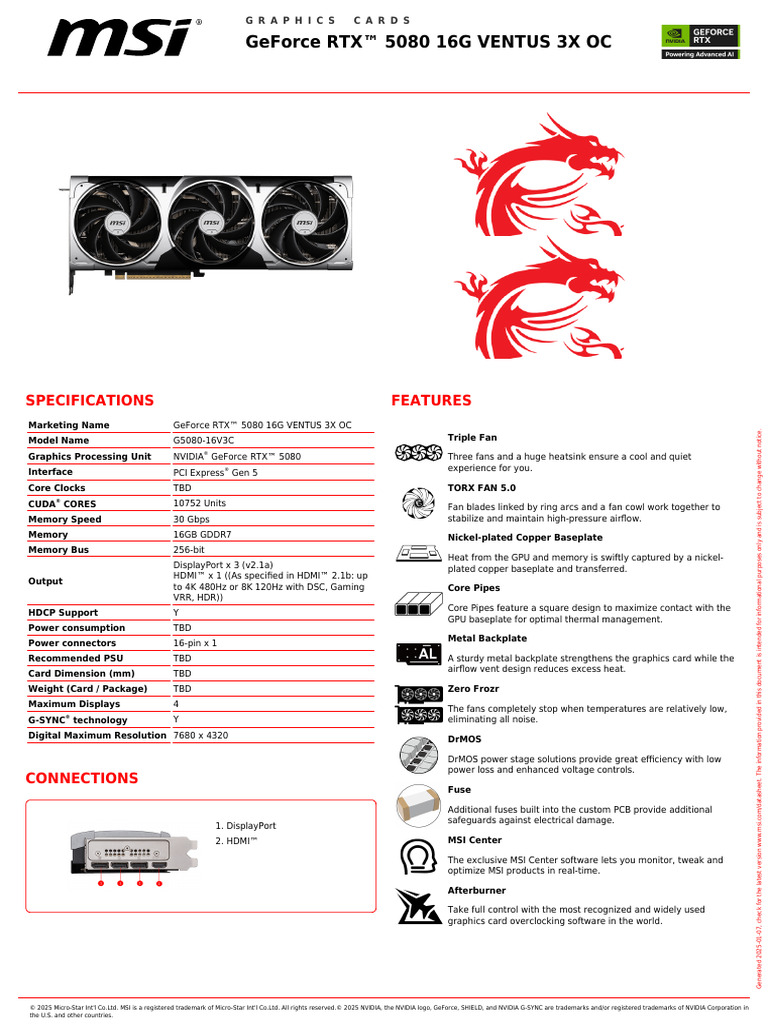 Geforce Rtx 5080 16g Ventus 3x Oc | PDF | Hdmi | Graphics Processing Unit