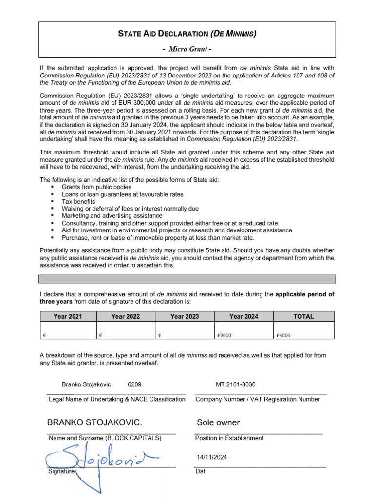2024 General de Minimis State Aid Declaration - EN | PDF