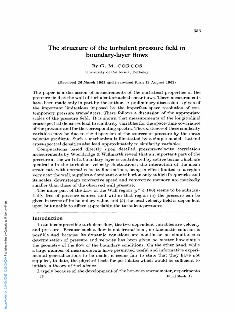Corcos G.M.-The structure of the turbulent pressure field in boundary-layer flows | PDF ...