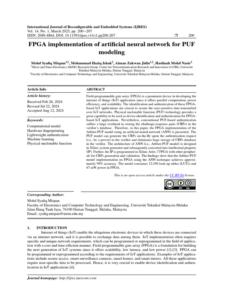 FPGA Implementation of Artificial Neural Network For PUF Modeling | PDF | Field Programmable ...